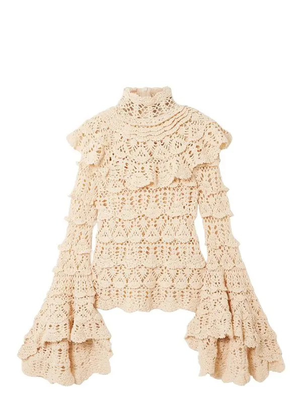Zimmermann Hypnotic Tiered Crocheted Cotton Turtleneck Top - Cream