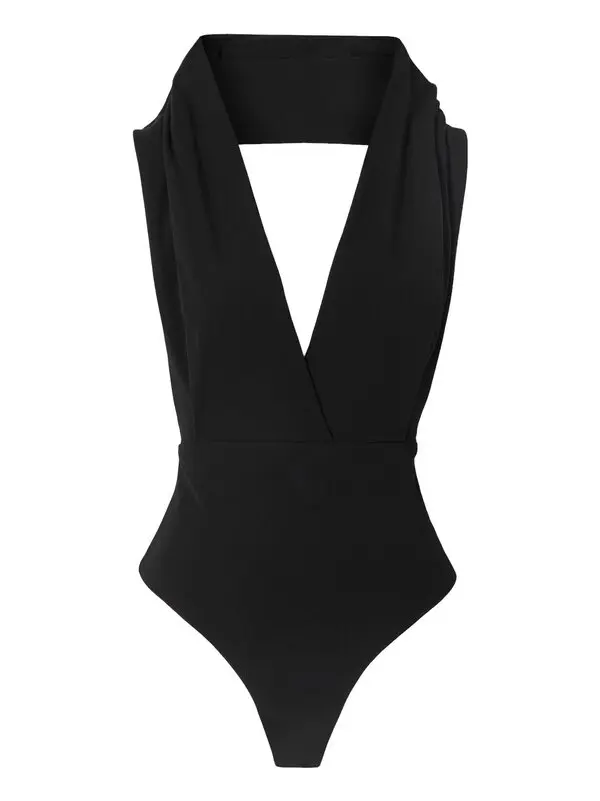 Balmain Hooded Open-back Draped Jersey Bodysuit - Black