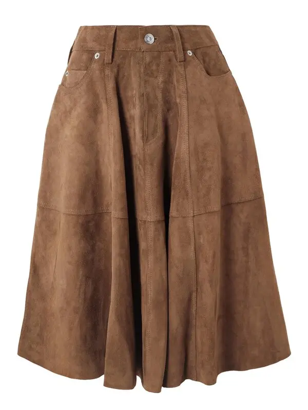 Ami Paneled Suede Midi Skirt - Brown