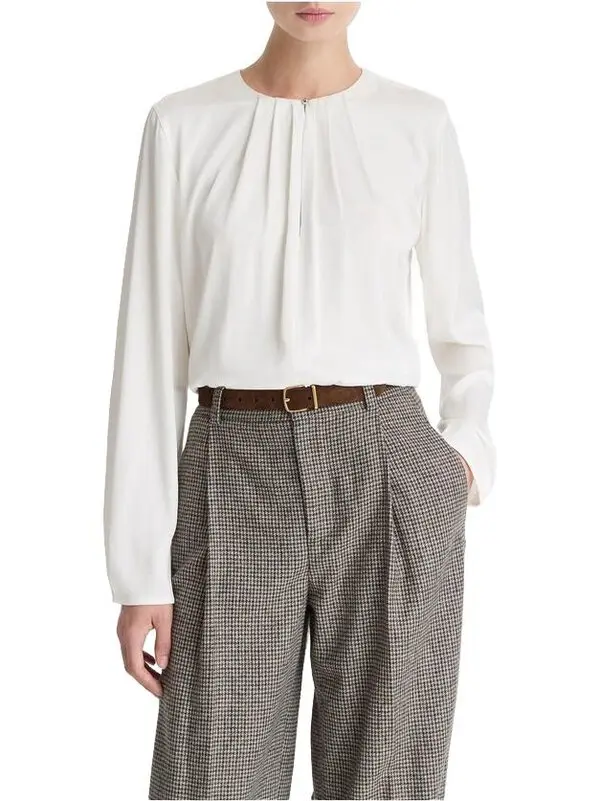 Vince Silk-blend Pleated-neck Blouse - White