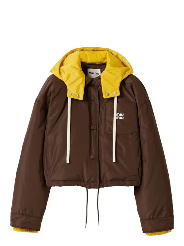 Miu Miu Technical Pongé Down Cropped Hoodie Jacket - Coffee/mustard