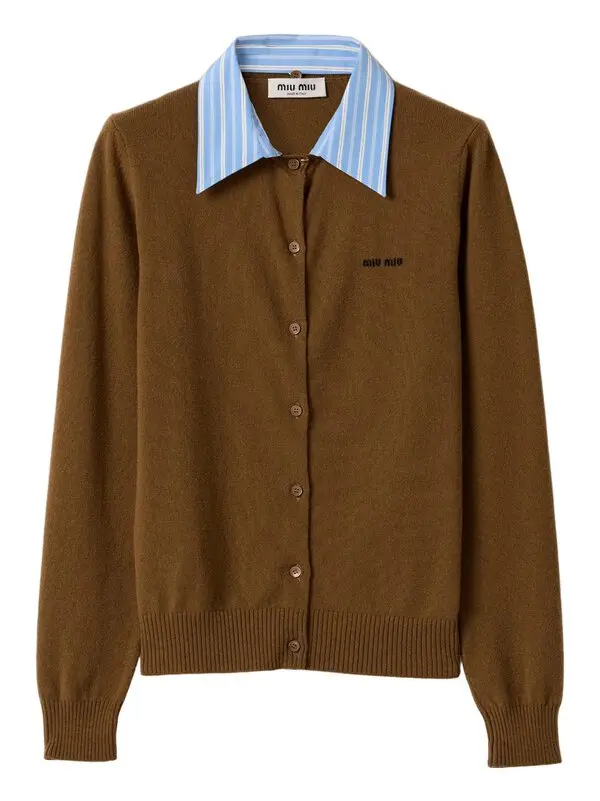 Miu Miu Cashmere Cardigan With Detachable Collar - Tobacco/celeste