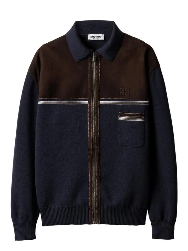 Miu Miu Wool And Leather Zipper Cardigan - Blue/cocoa Brown