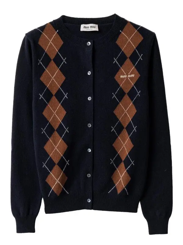 Miu Miu Cashmere Argyle Cardigan - Navy