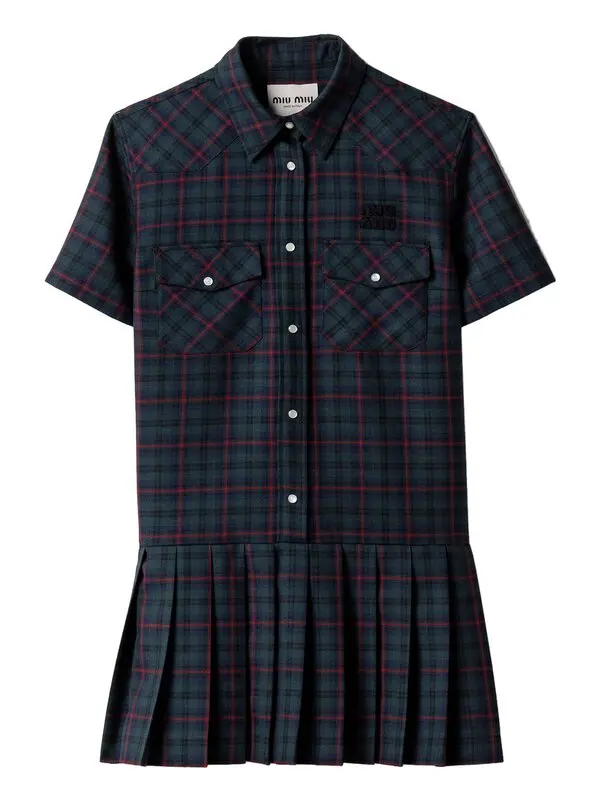 Miu Miu Plaid Pleated Mini Dress - Blue/green