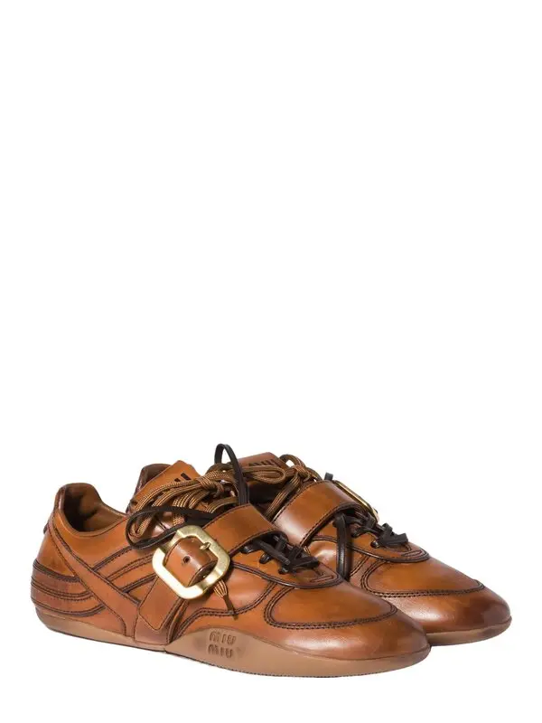 Miu Miu Leather Sneakers With Buckle - Cognac