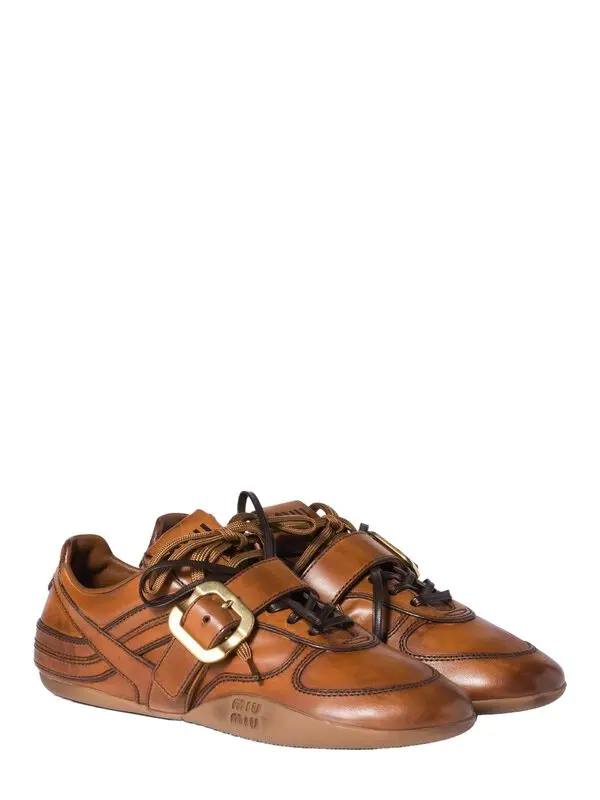 Miu Miu Gymnasium Leather Sneakers With Buckle - Cognac