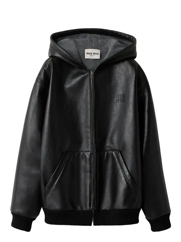 Miu Miu Nappa Leather Hoodie Jacket - Black