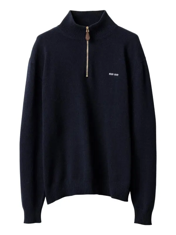Miu Miu Cashmere And Leather Zipper Sweater - Navy