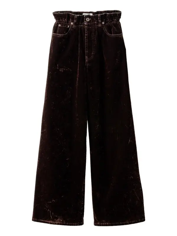 Miu Miu Washed Flocked Chambray Wide Leg Pants - Brown
