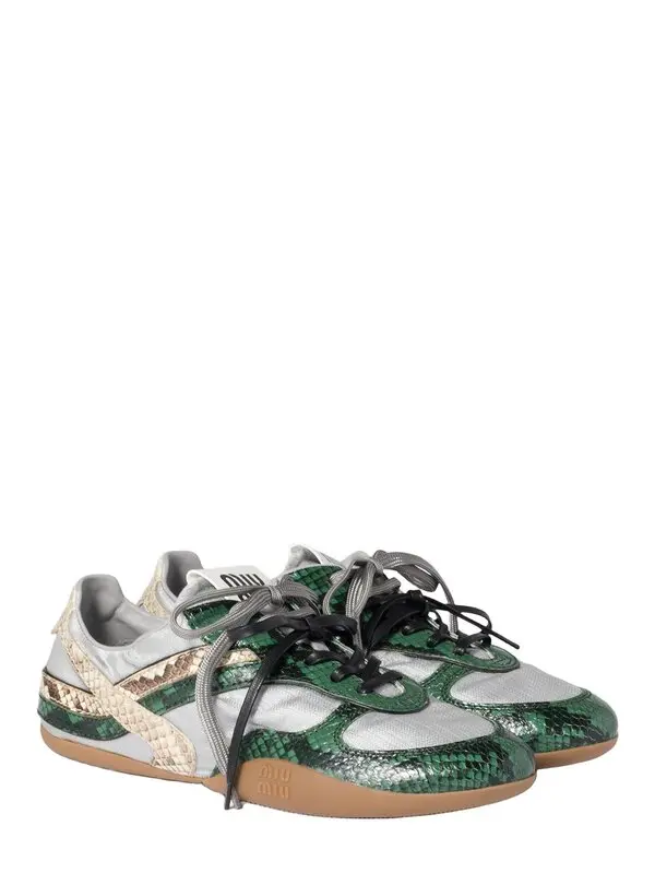 Miu Miu Gymnasium Technical Fabric And Python-print Ayers Leather Sneakers - Cloudy Gray/fir Green