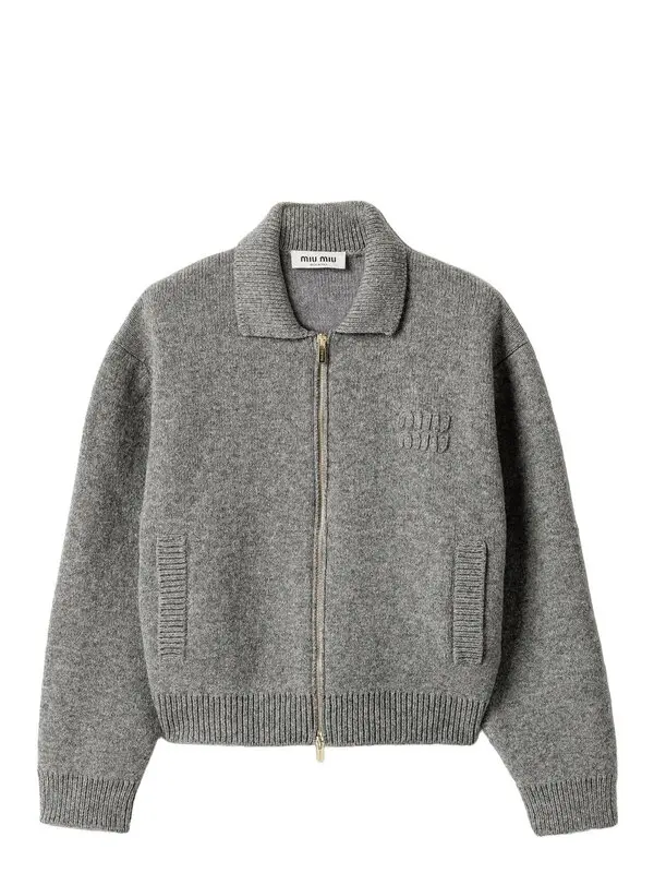 Miu Miu Shetland Wool And Cashmere Zipper Cardigan - Grey