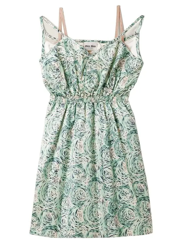 Miu Miu Printed Satin Flared Mini Dress - Ivory/jade Green