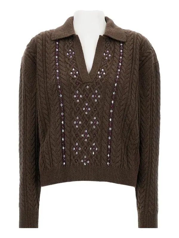 DES_PHEMMES Embroidered Cable-knit Sweater - Brown