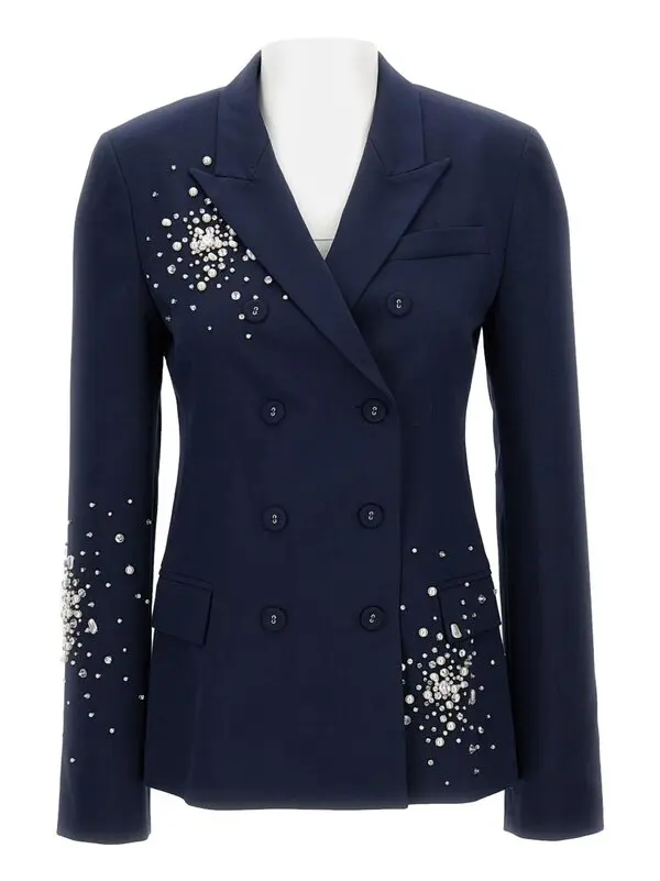 DES_PHEMMES Double-breasted Blazer With Crystal And Bead Embroidery - Blue