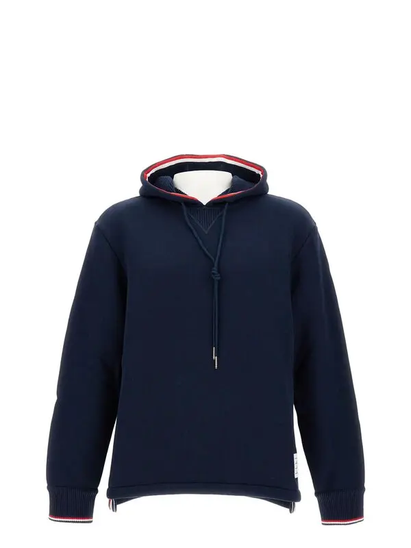 Thom Browne Knitted Hoodie With Contrast Stripes - Blue