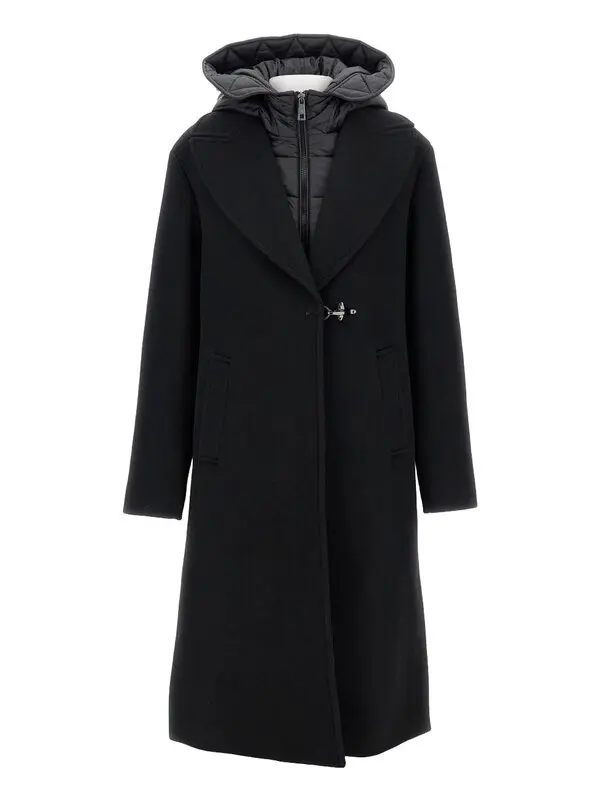FAY Long Wool Coat With Nylon Inner And Hood - Black