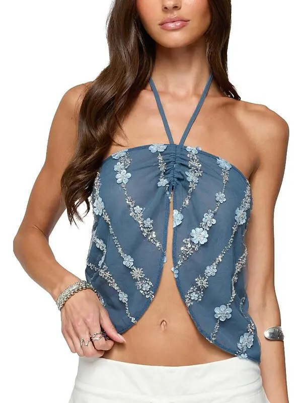 EDIKTED Beaded Floral Split Front Halter Top - Dark-blue