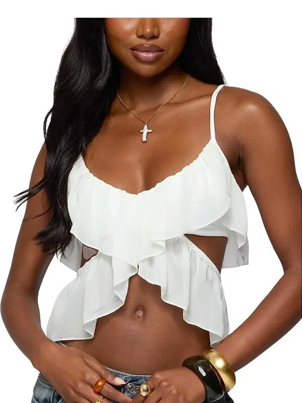 EDIKTED Sheer Chiffon Ruffled Cut Out Top - White