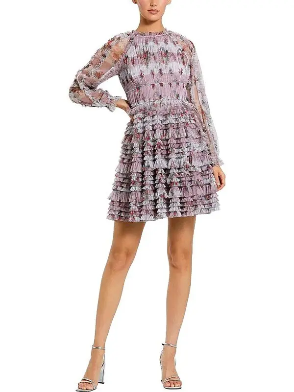 Mac Duggal Floral Mini Dress With Ruffle Long Sleeves - Purple Multi