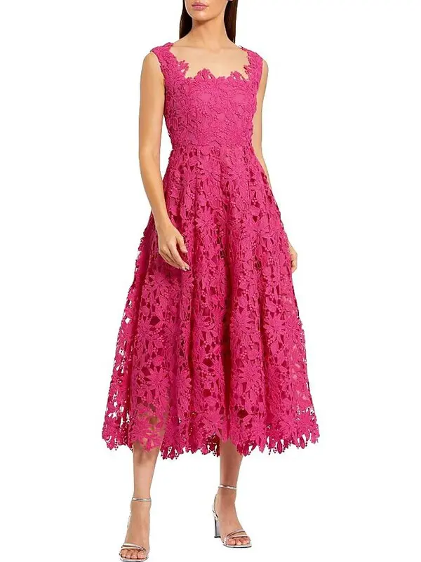 Mac Duggal Sleeveless Lace A-line Midi Dress With Square Neck - Hot Pink