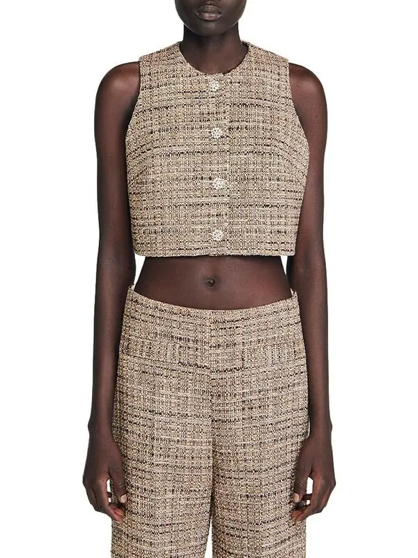 Sandro Tweed Crop Top - Brown