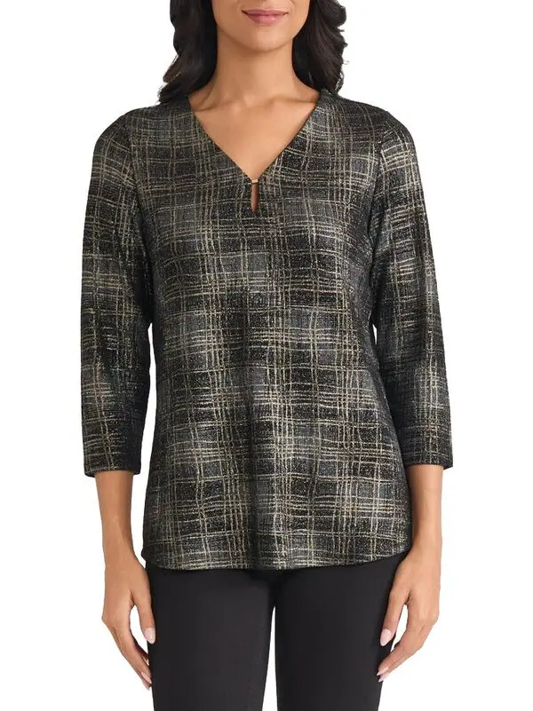Jones New York Plaid Metallic V-neck Top - Jones Black Multi