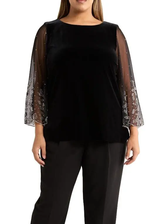 Alex Evenings Sheer Rhinestone Sleeve Velvet Blouse - Black