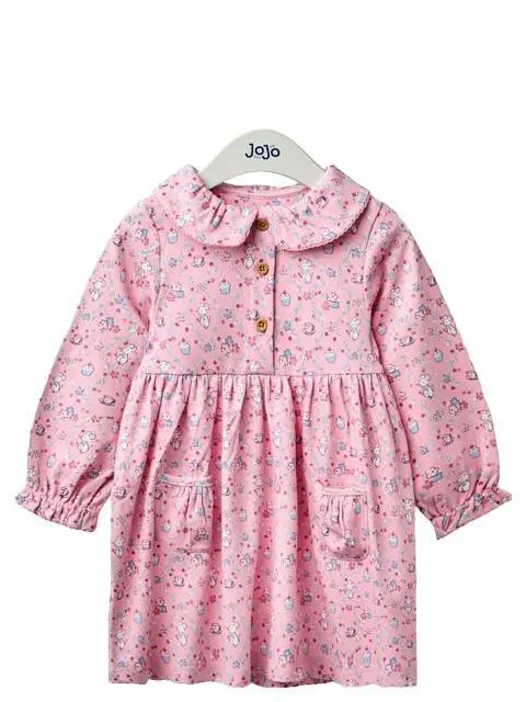 JOJO MAMAN BEBE Mouse Tea Party Ruffle Long Sleeve Cotton Dress - Pink
