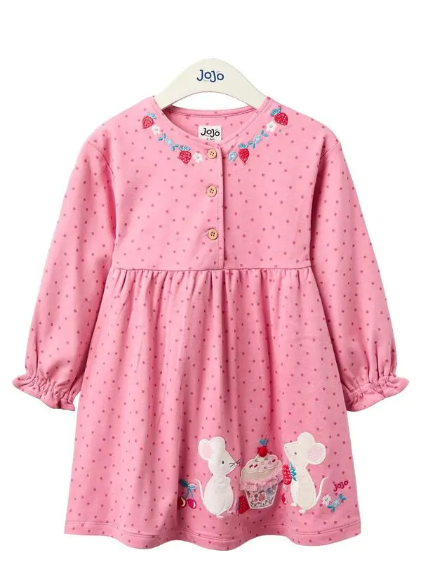 JOJO MAMAN BEBE Mouse Embroidered Cotton Dress - Pink