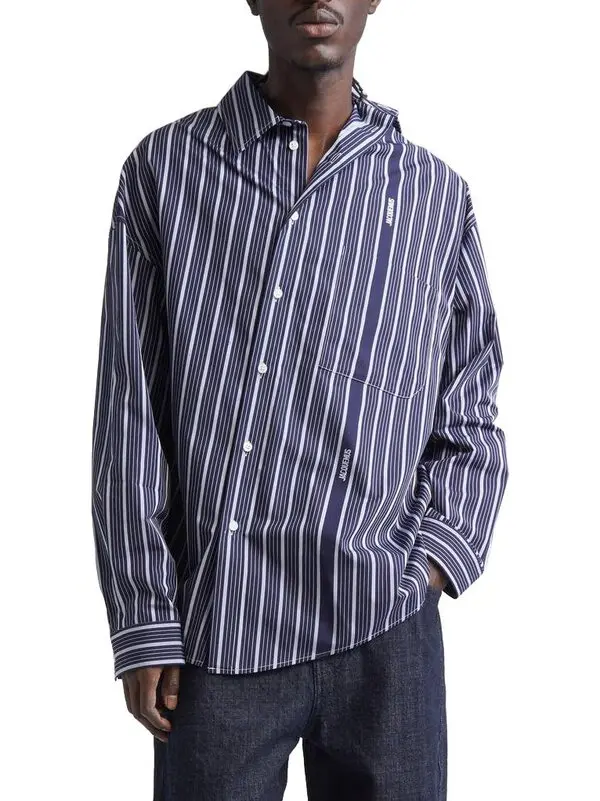 Jacquemus La Chemise Cuadro Asymmetric Button-up Shirt - Business Logo Stripes Navy