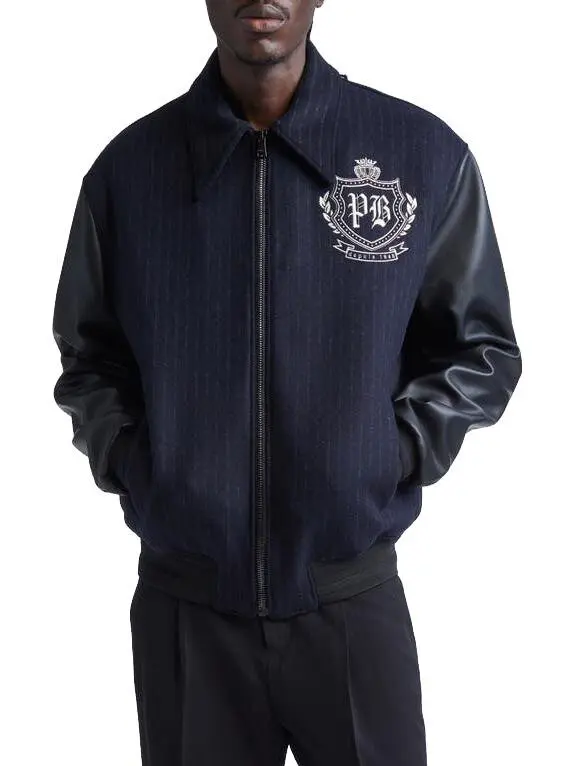 Balmain Pinstripe Mixed Media Varsity Jacket - Spw Navy/multi