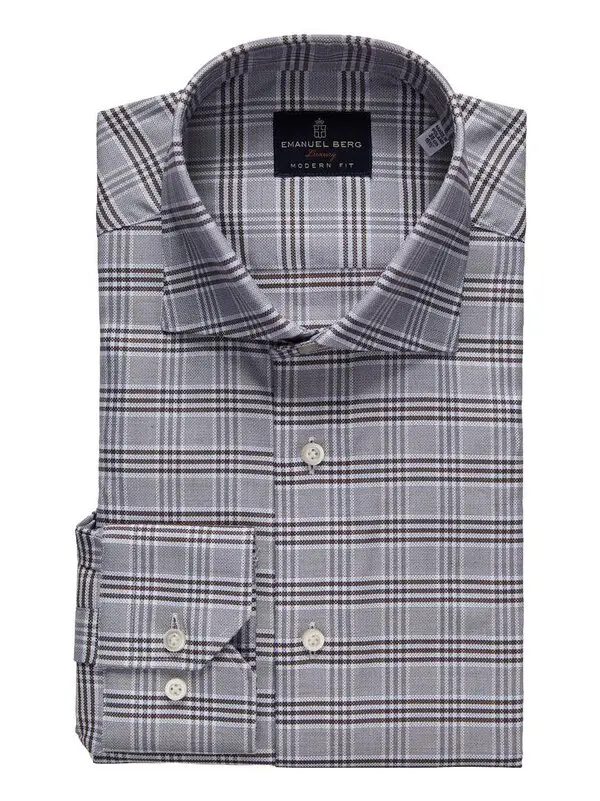 EMANUEL BERG Modern Fit Plaid Natural Stretch Yoga Twill Dress Shirt - Light Pastel Brown