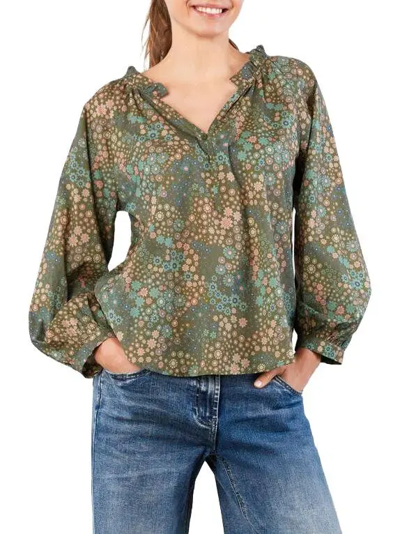 BILLY T Split Neck Cotton Blend Peasant Top - Camo Floral