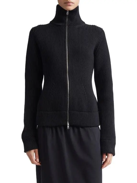 MAISON MARGIELA Full Zip Rib Virgin Wool Cardigan - Black