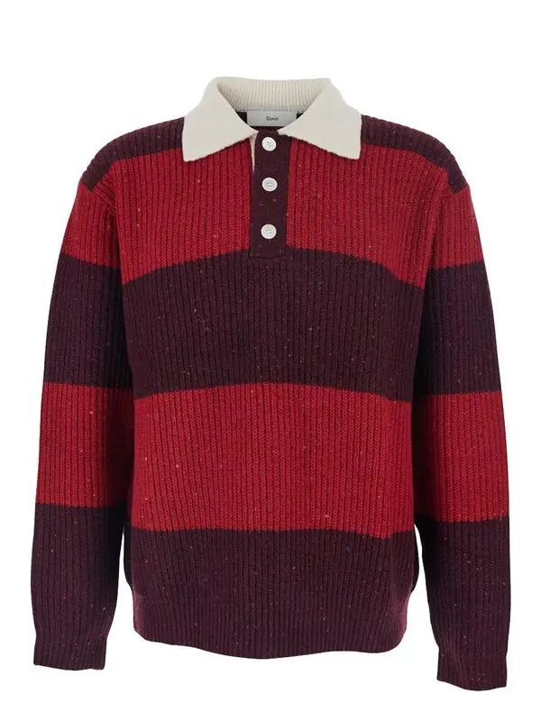 DUNST Striped Wool Blend Polo Shirt - Red
