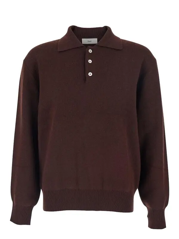 DUNST Sweater With Polo Collar And Ribbed Details - Brown