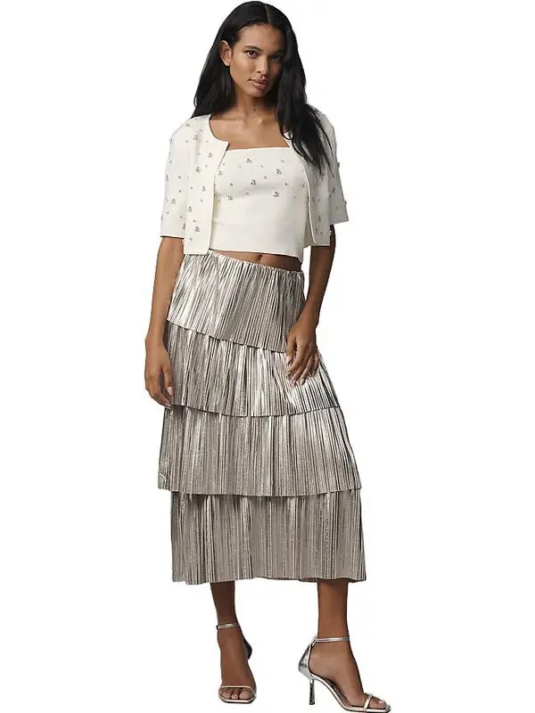 Anthropologie Metallic Plissé Tiered Midi Skirt - Silver Metallic