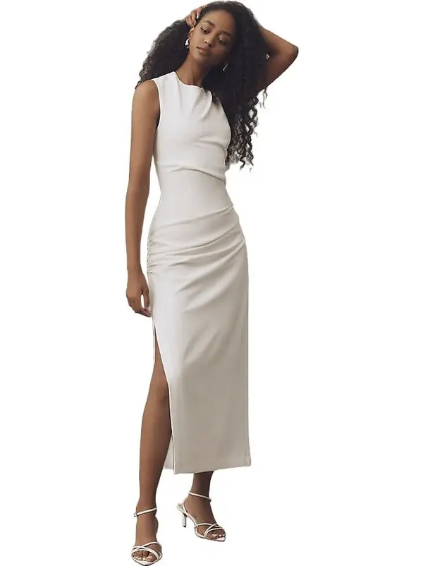 Bhldn Sleeveless High-neck Ruched Midi Dress - Ivory