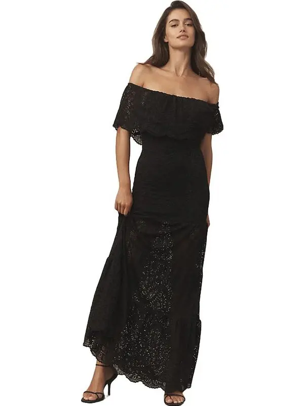 NIGHTCAP Lanai Positano Off-shoulder Tiered Lace Maxi Dress - Black