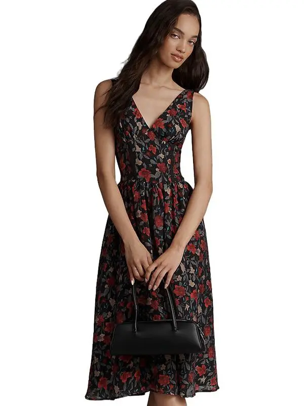 AROSE STUDIO Sleeveless V-neck Floral Midi Dress - Red Floral