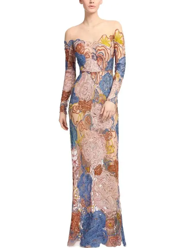 Elie Saab Floral-embroidered Sequin Maxi Dress - Blue