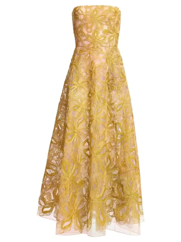Elie Saab Floral Embroidered Strapless Maxi Dress - Yellow