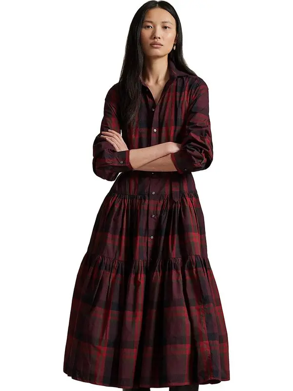 Ralph Lauren Plaid Tiered Shirt Dress - Red Multi Plaid