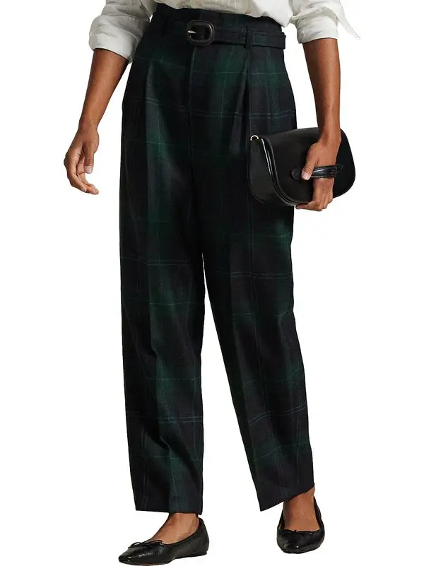 Ralph Lauren Belted Plaid Wool Tapered Pants - Green Navy Multi