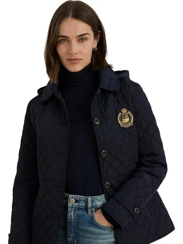 Ralph Lauren Quilted Hooded Jacket With Crest Patch - Dark Navy