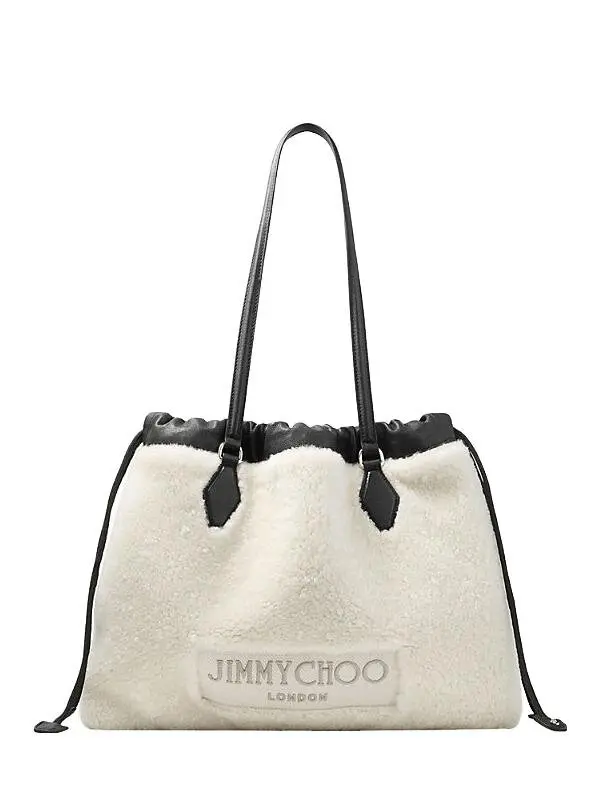JIMMY CHOO Drawstring Shearling Tote Bag - Natural/black