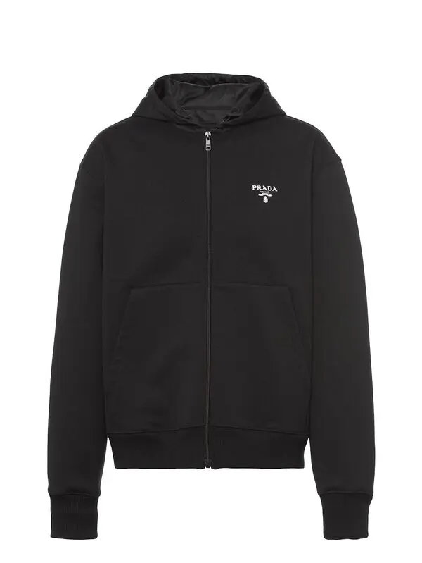 Prada Logo Embroidered Zip-up Hoodie - Black