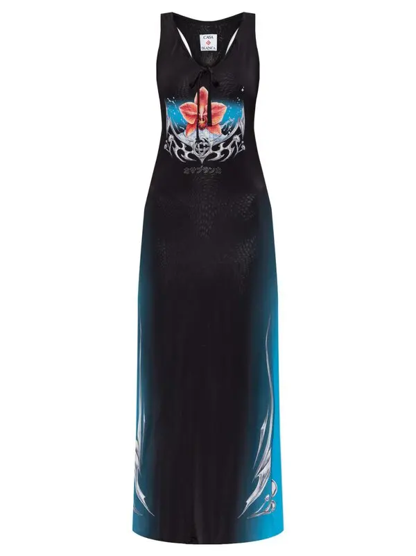 Casablanca Printed Strappy Midi Dress - Black