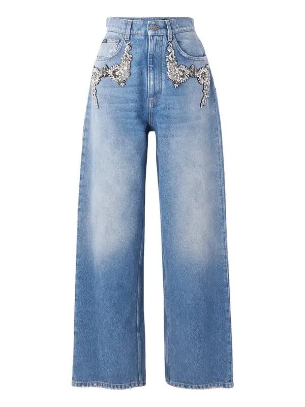Dolce & Gabbana Crystal-embellished Distressed Straight-leg Jeans - Blue